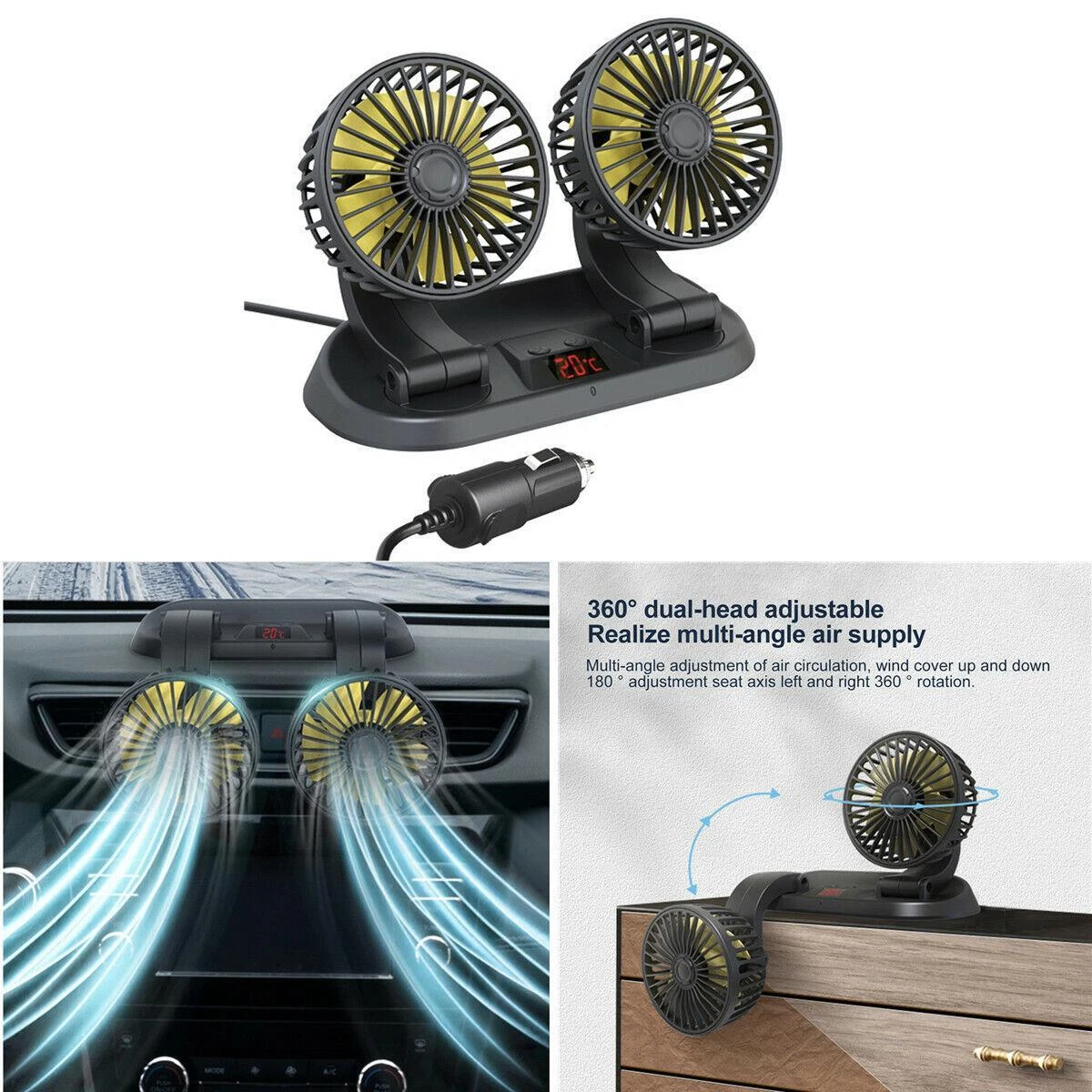 Car Summer Cooling Fan LED Light Dual Head Fans Dashboard