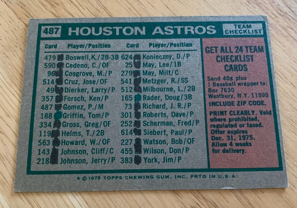 Houston Astros Signed 1975 Topps Team baseball card #487 With 6 ...