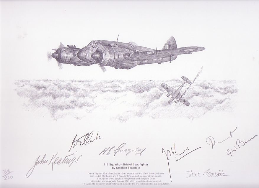 RAF Bristol Beaufighter print signed 6 Battle of Britain 219 Squadron ...