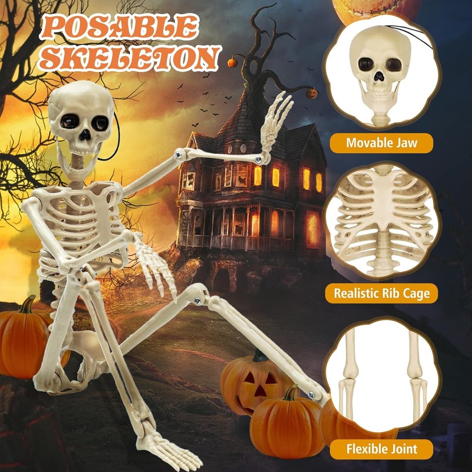 2 Pack Posable Small Halloween Skeleton, 16" Full Body Halloween ...