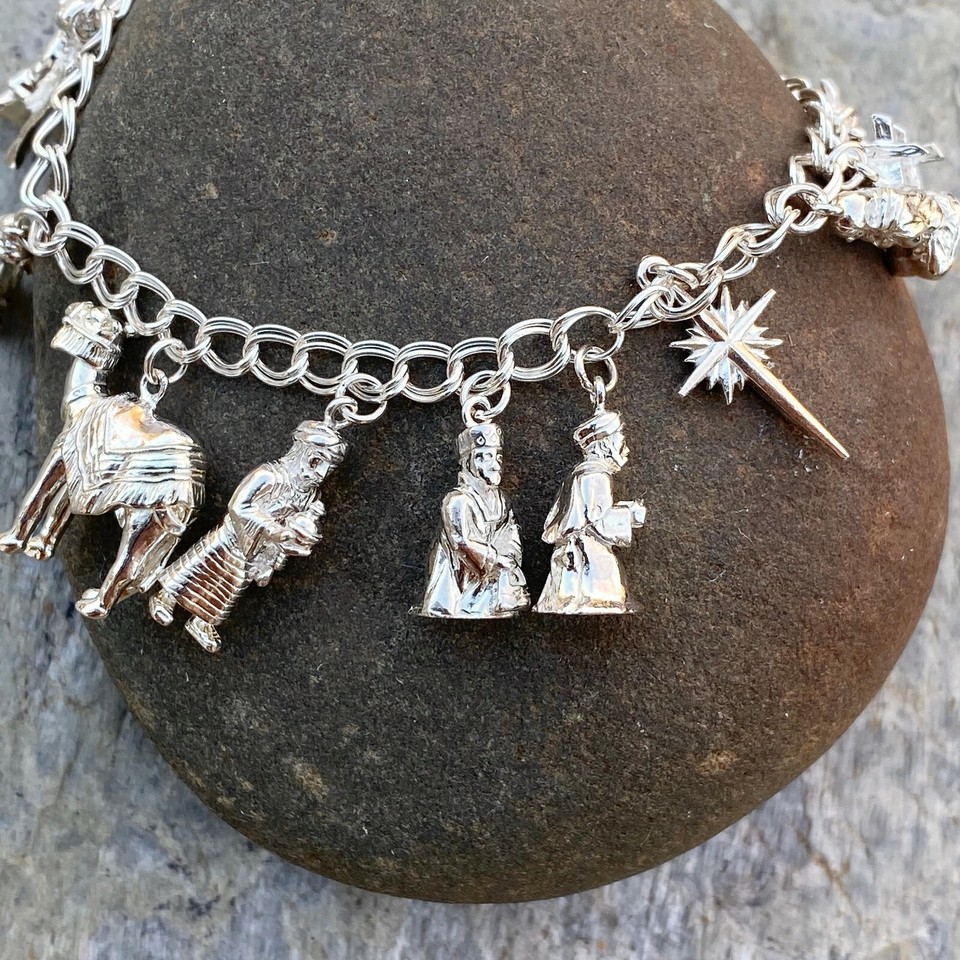 Sterling Silver & Nativity Charm Bracelet Open Link NEW 7" 13 Detail ...