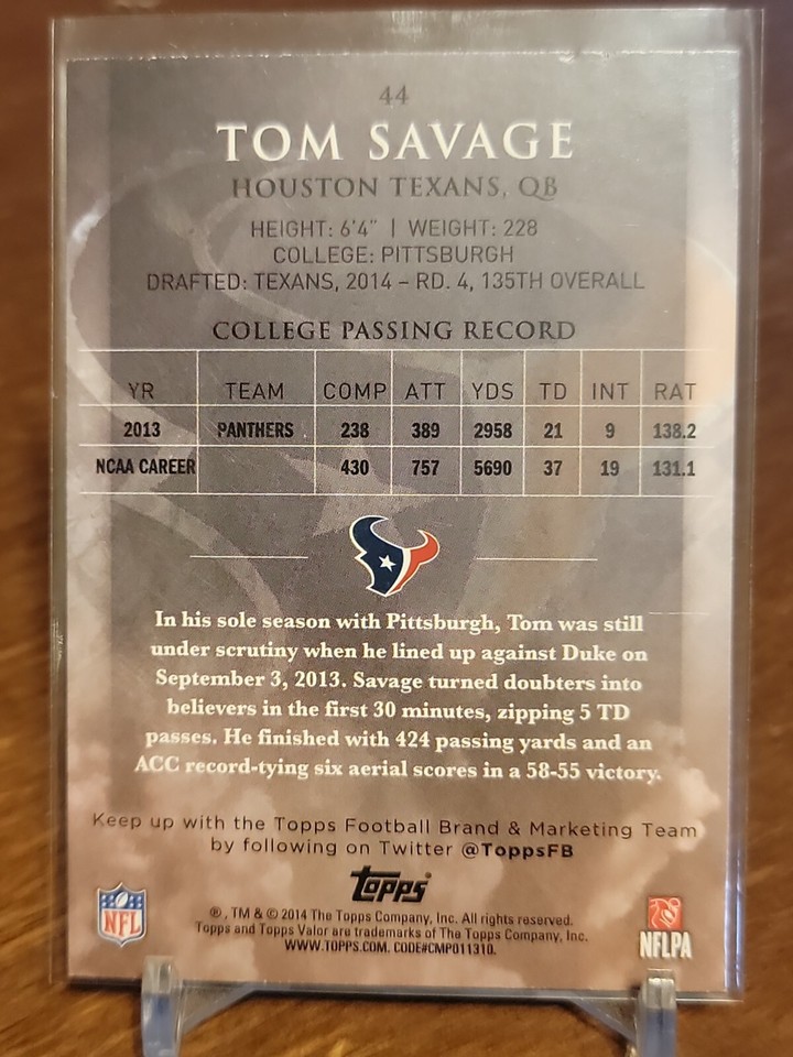 2014 Topps Valor Football Tom Savage #44 Houston Texans ROOKIE | eBay
