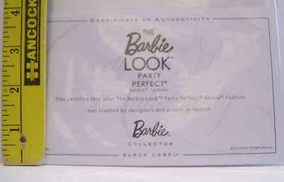 MATTEL BARBIE DOLL PARTY PERFECT FASHION CERTIFICATE OF AUTHENTICITY ...