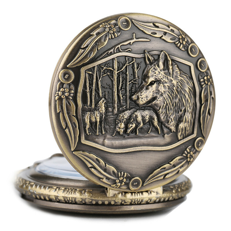Steampunk Quartz Pocket Watch Wolf Design Bronze Necklace Chain Full ...