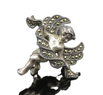 JUDITH JACK 925 Silver Vintage Marcasite Sculpted Angel Brooch Pin ...