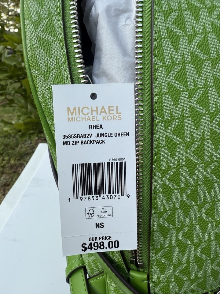 Michael Kors Rhea Medium Zip Backpack Jungle Green Mk Logo Leather ...