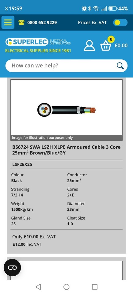 46 meters of 3 Core 25mm LSF SWA Steel Wire Armoured Cable BS6724 XLPE ...
