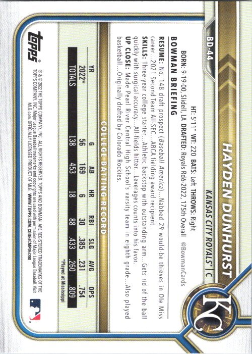 2022 1st Bowman Draft #BD-44 Hayden Dunhurst | eBay