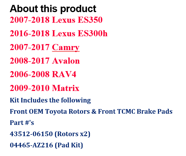 Toyota Lexus Front X2 Disc Brake Rotor & TCMC Brake pads Set GENUINE ...