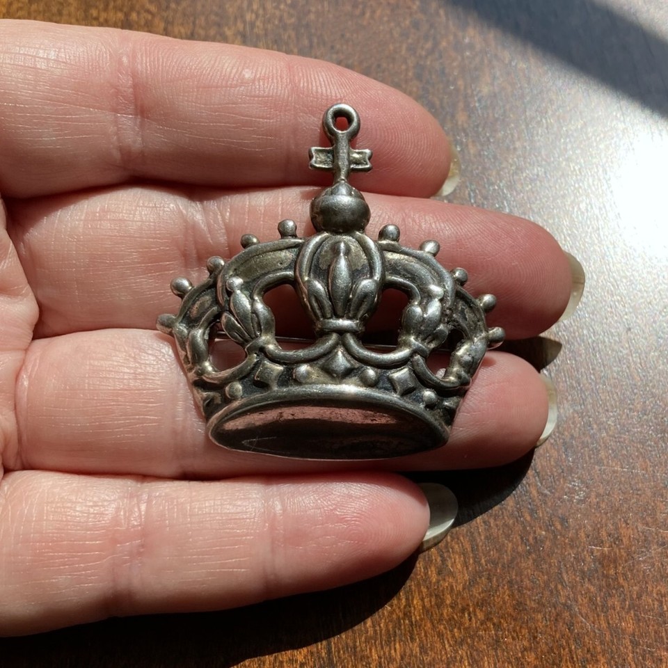 2 VINTAGE 925 Sterling Silver Crown Pin, Royal Diadem Brooch, 36 grams ...