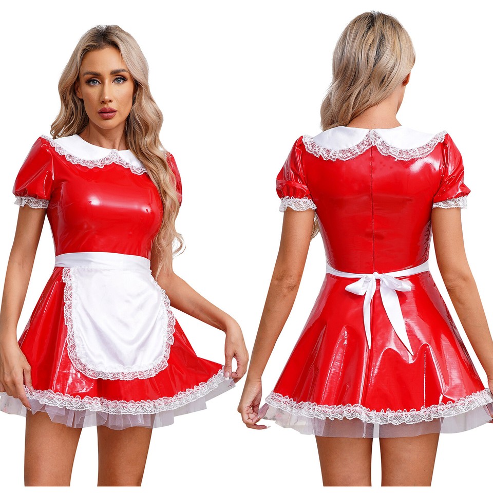 Womens PVC Leather French Maid Cosplay Dress Apron Set Sexy Clubwear ...