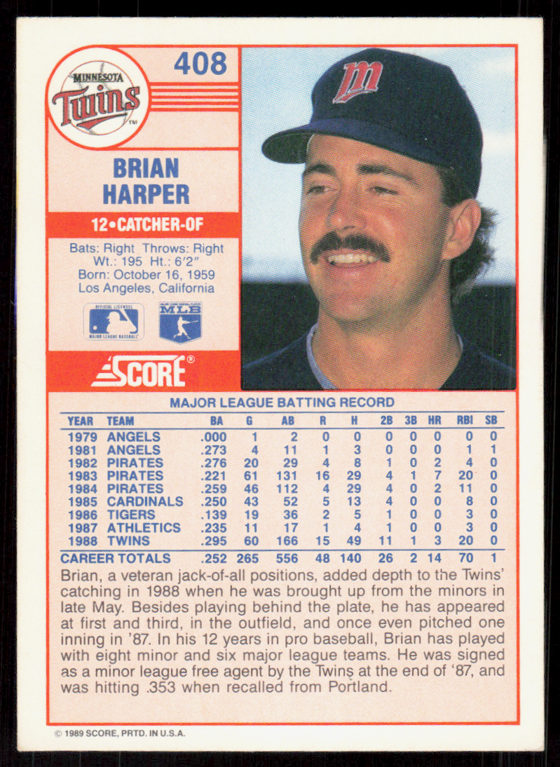 1989 Score 408 Brian Harper Minnesota Twins | eBay