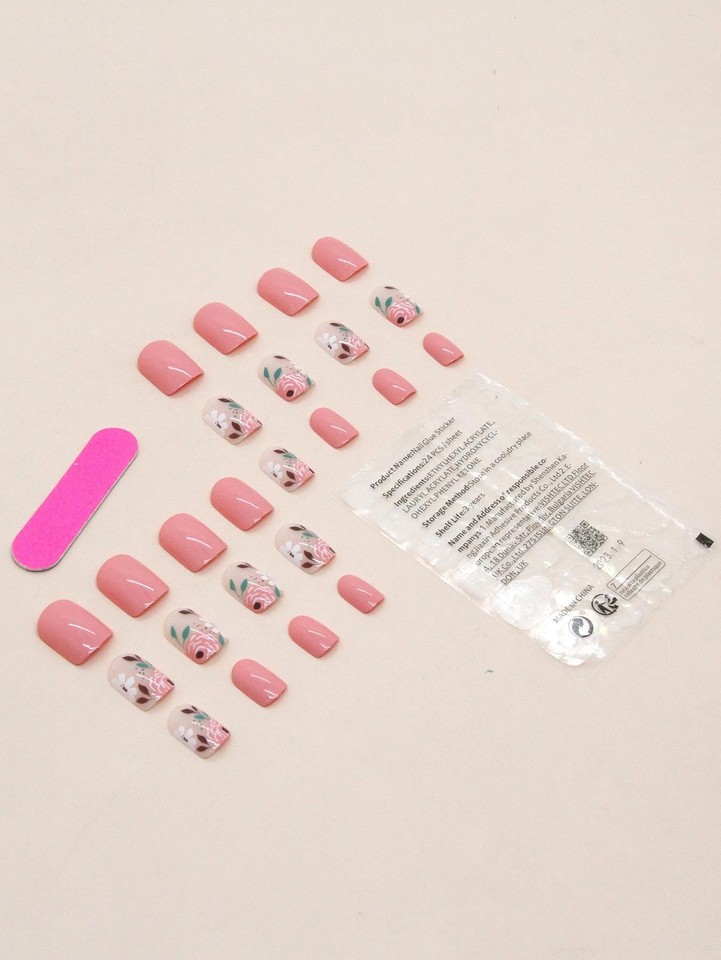 24pcs Short Beautiful Floral Pattern Fake Nail Set False Nails Press On ...