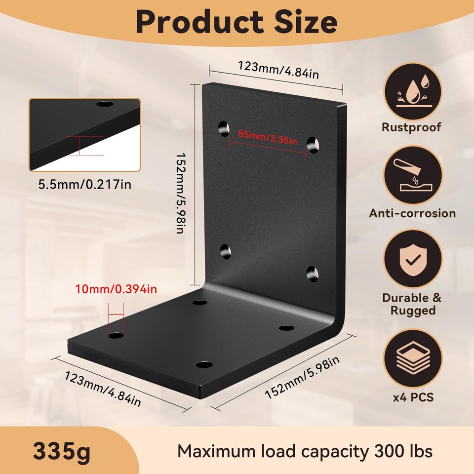 2 Pcs 6x6 Post to Beam Corner Brackets for Wood, Black Steel Heavy Duty ...