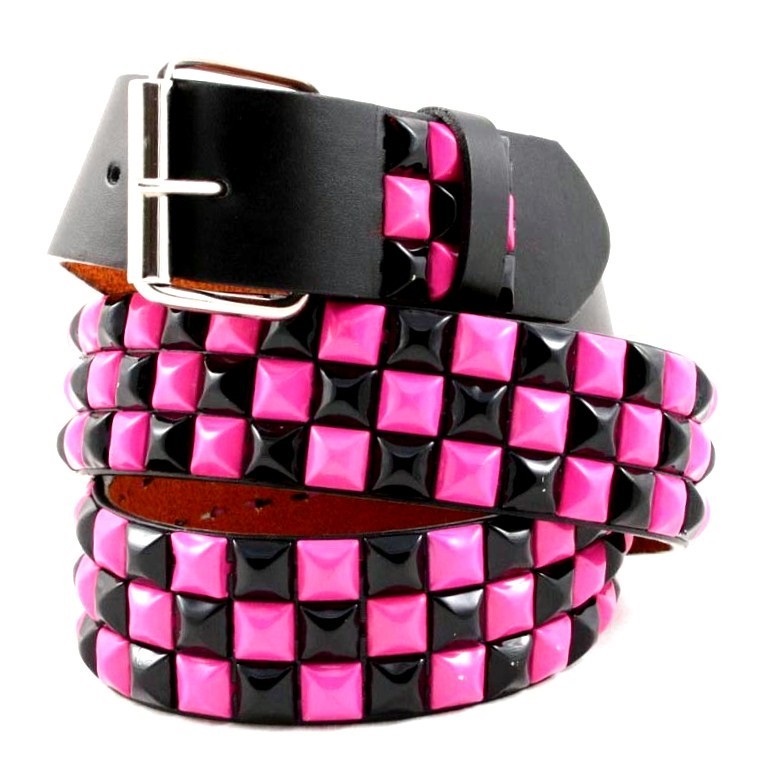 Mens Womens 3-Row Metal Pyramid Studded Leather Belt Checker Punk Rock ...