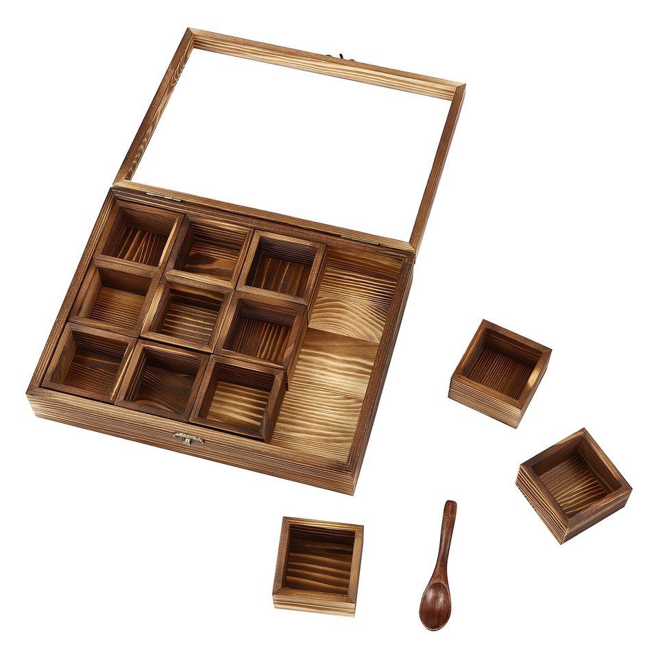 Wooden Spice Box+Wooden Spoon Wooden Spice Box with 12 Containers Spice ...