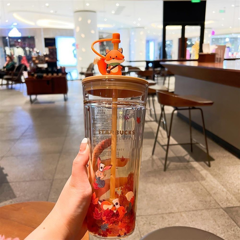 Starbucks Autumn Fox Maple Leaf Cup Tumbler Straw Dust Stopper Double ...