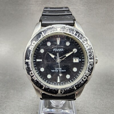 Pulsar Dive Watch Men 41mm Black Dial Silver Tone Date Round VX42-X062 ...