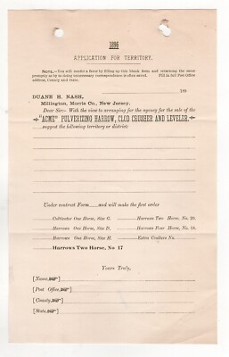 1896 UNUSED APPLICATION FOR TERRITORY MILLINGTON MORRIS CO NJ ACME ...