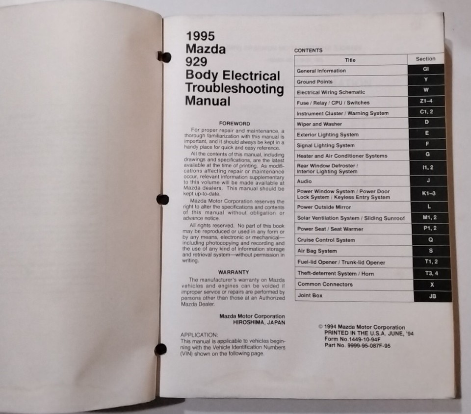 1995 Mazda 929 Body Electrical Troubleshooting Manual Second Edition | eBay