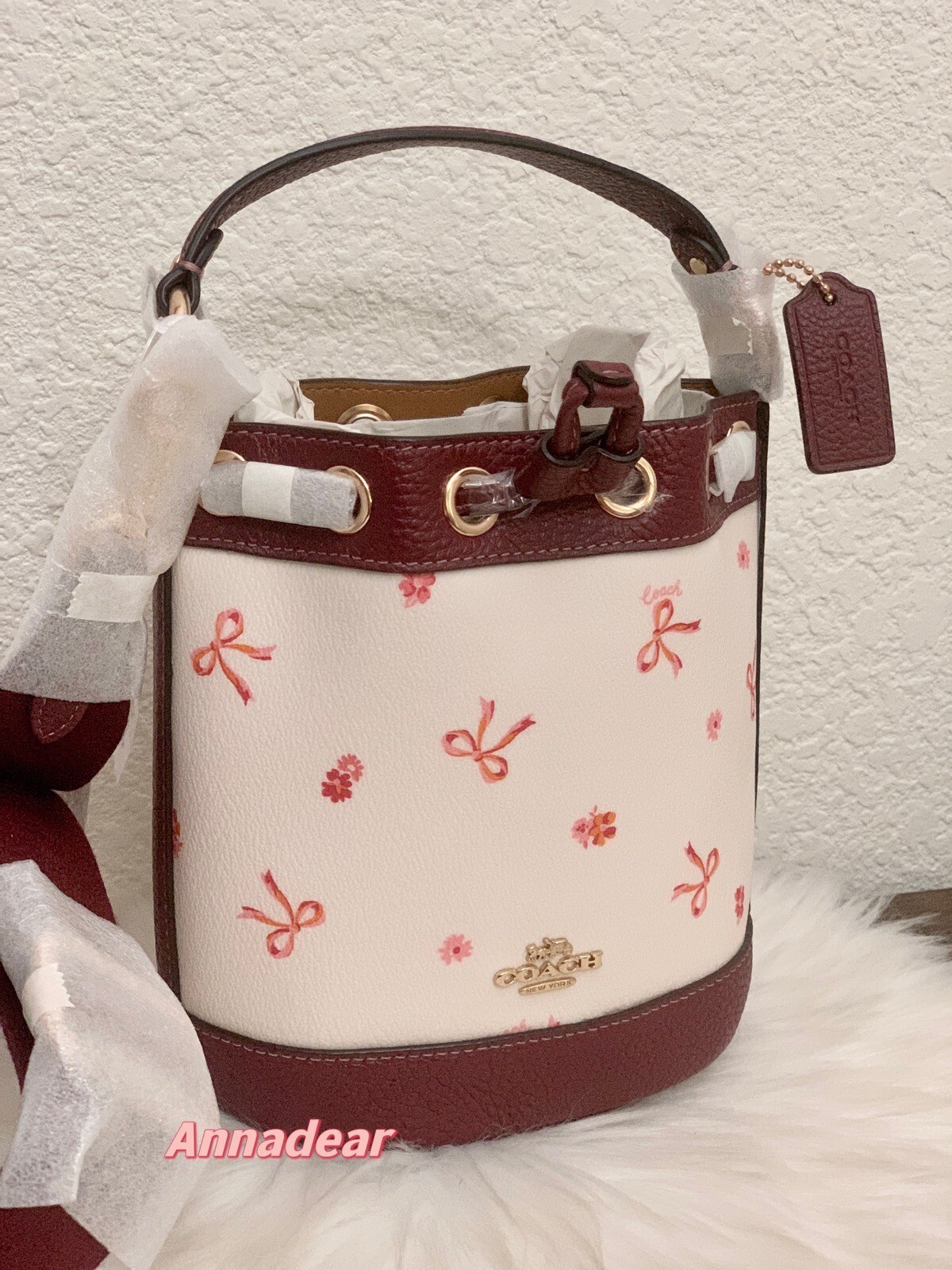 Coach Dempsey Drawstring Bucket Bag 15 With Bow Print In Chalk Wine NWT ...