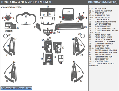 PREMIUM DASH TRIM KIT 50PS FIT TOYOTA RAV 4 2006- 2012 AUTO WOOD CARBON ...