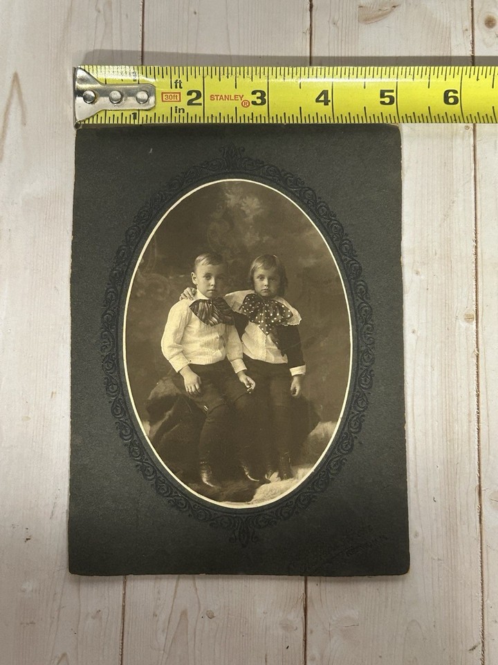 Photo Cabinet Card Unhappy Little Boy Cute Girl Large Bow Tie Polka Dot ...