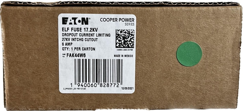Eaton/Cooper OEM FAK44W6 Elf Fuse 17.2KV Dropout Current Limiting 6AMP ...