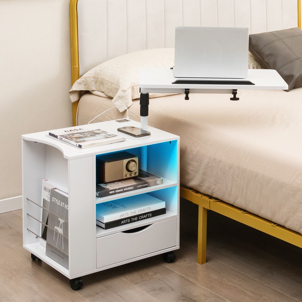 Nightstand Bedside Table Swivel Laptop Tray with Charging Station and ...