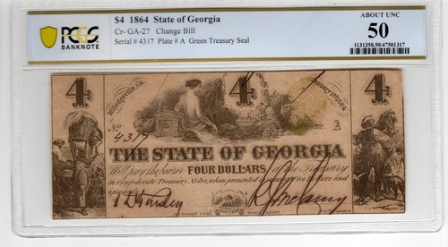 GA CR27 1864 $4 Georgia Paper Money - PCGS-B About Uncirculated 50! | eBay