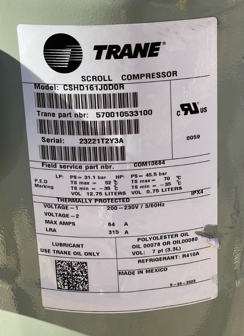 NEW Trane AC Scroll Compressor CSHD161J0DOR 200-230V 3 PH 60HZ COM10684 ...