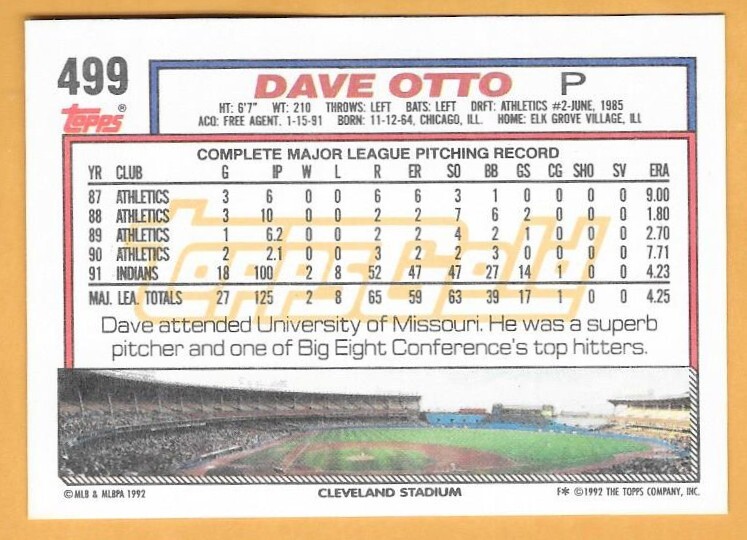 DAVE OTTO CLEVELAND INDIANS #499 - TOPPS GOLD WINNER NM-MT 1992 | eBay