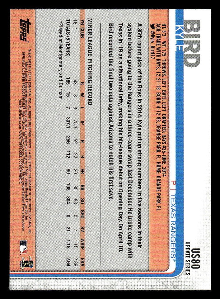 2019 Topps Update #US80 Kyle Bird 1 | eBay