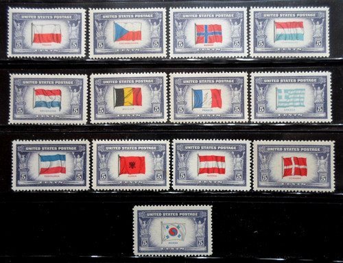 1943-44 Overrun Countries - Cat # 909-921 Thirteen Single 5 Cent Stamps ...