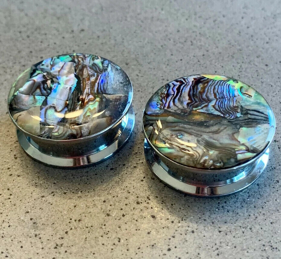 PAIR Abalone Inlay Steel Screw Fit Plugs Tunnels Earlets Gauges Body ...