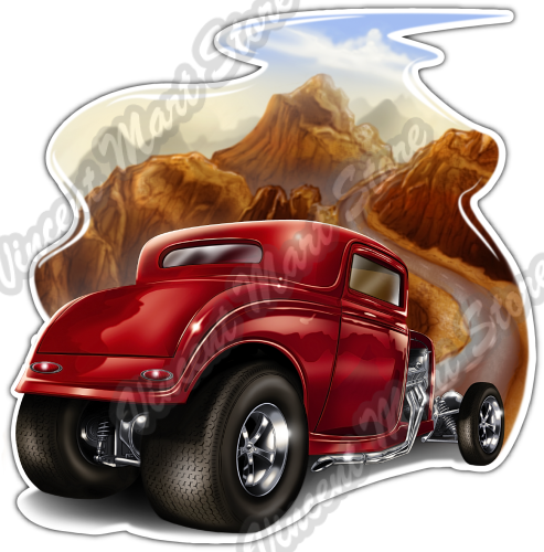 Hot Rod Roadster Desert Mountain Canyon Car Bumper Vinyl Sticker Decal ...