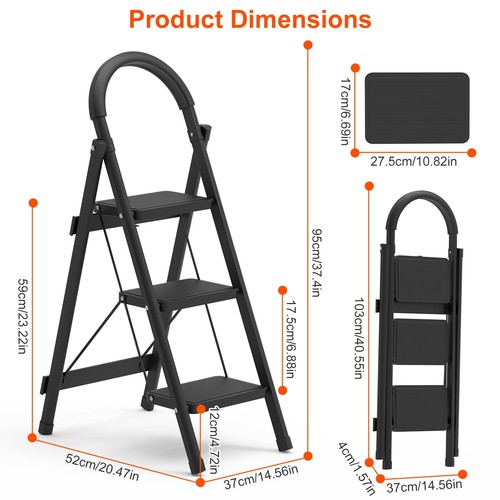 Portable 3 Step Ladder Folding Step Stool with Handgrip Wide Pedal ...