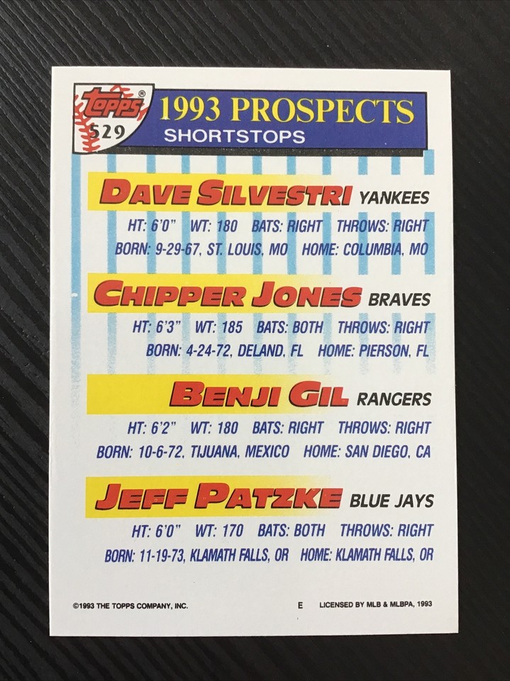 1993 Topps Top Prospects #529 Chipper Jones - Atlanta Braves - HOF -Set ...