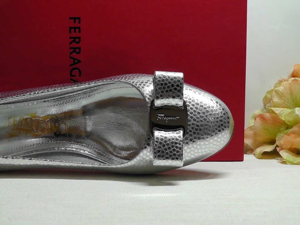 Salvatore Ferragamo ARGENTO Leather Varina Bow Lizard Embossed Flats ...