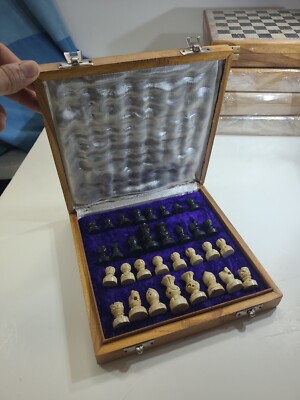 Handmade Marble Stone Chess Game Set Pieces with Wooden Base Board 8" x ...