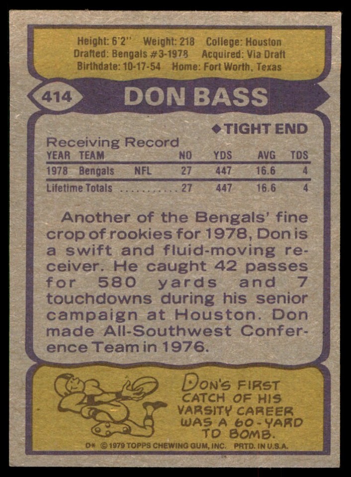 1979 TOPPS DON BASS ROOKIE . CINCINNATI BENGALS #414 | eBay