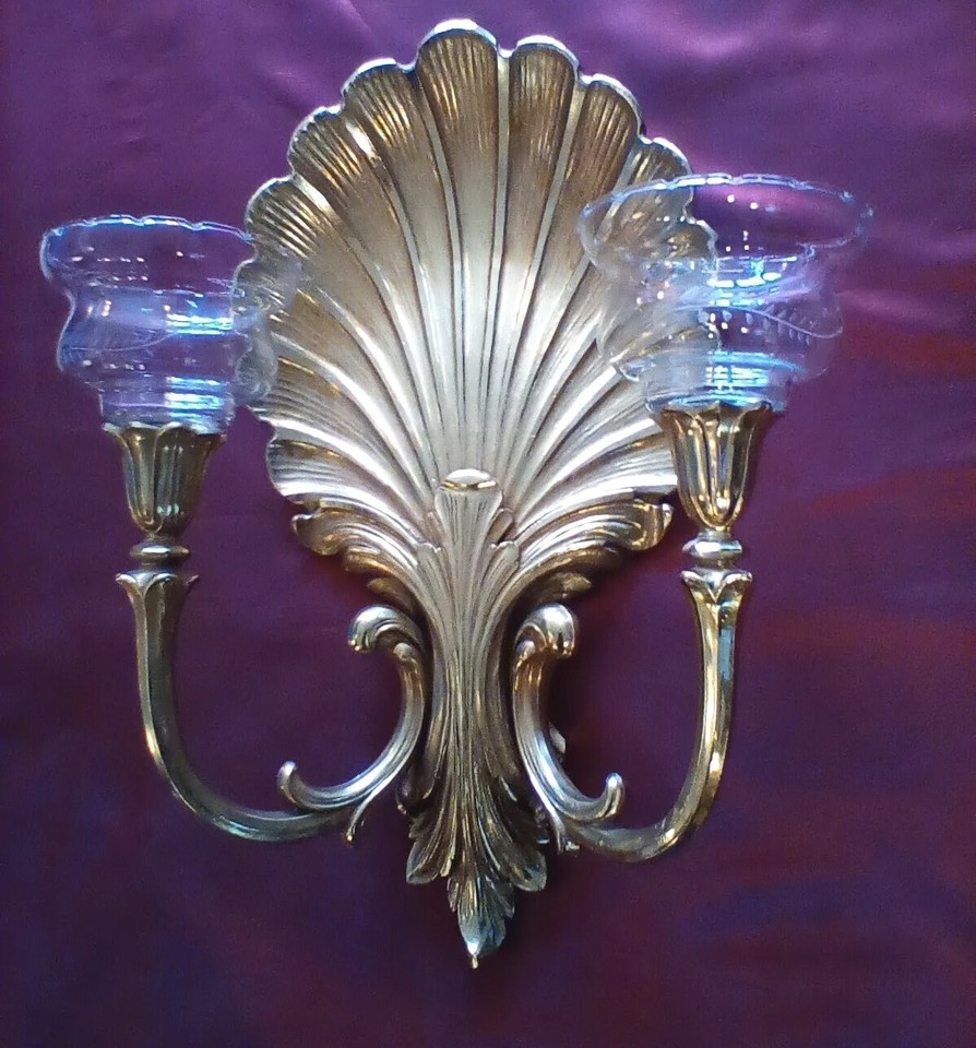 VINTAGE SCONCE GOLD CLAM SHELL GLASS VOTIVE HOLLYWOOD REGENCY WALL ...