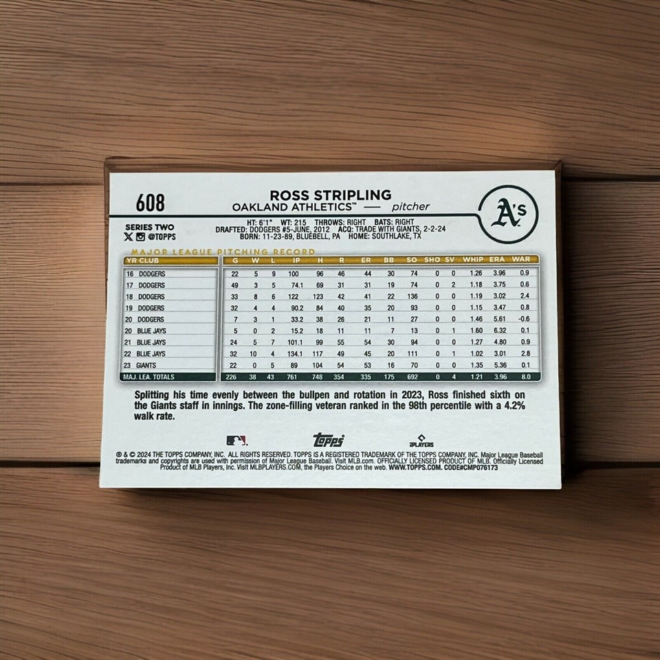 2024 Topps Series 2 Baseball Card #608 Ross Stripling, Athletics ...
