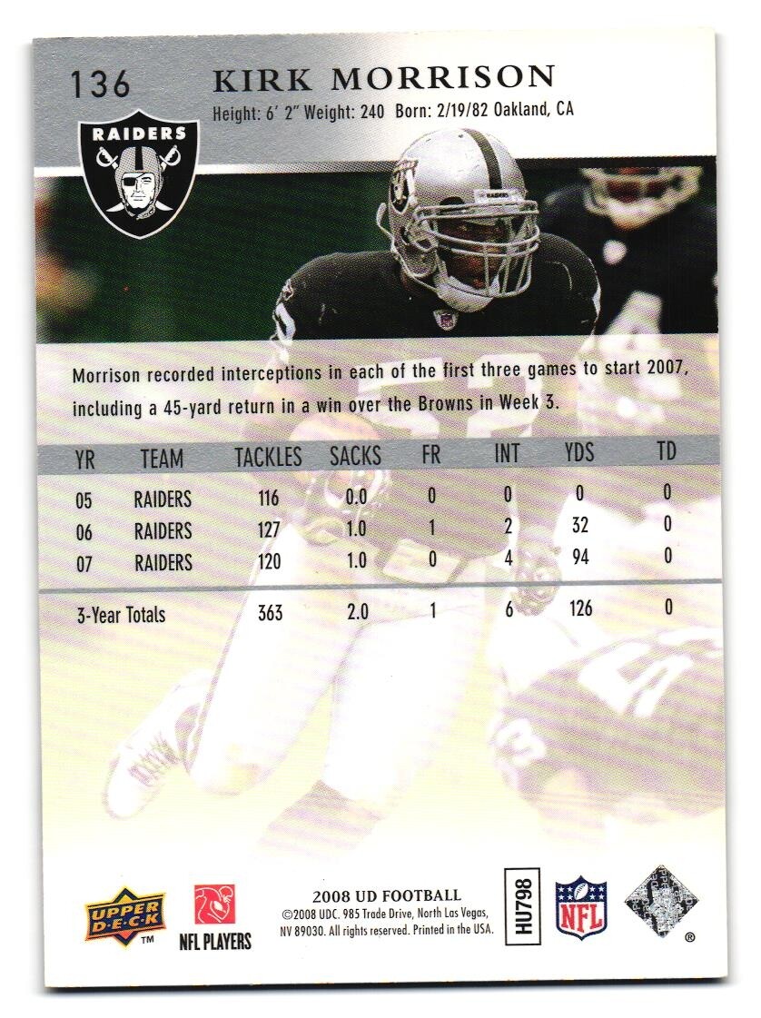 2008 Upper Deck - #136 Kirk Morrison for sale online | eBay