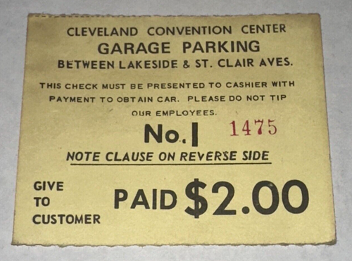 Paid $2 Cleveland Convention Center Garage Parking Lot Pass Ticket Stub ...