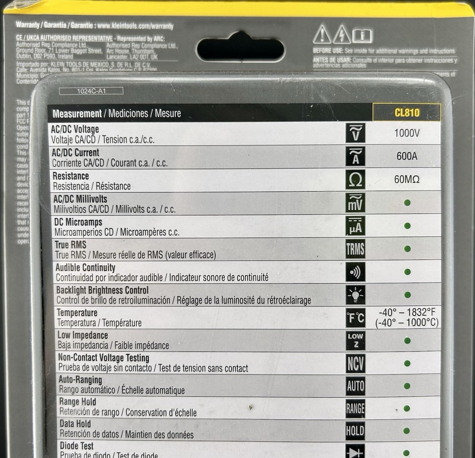 KLEIN TOOLS CL810 AC/DC Auto Ranging Digital Clamp Meter 600A BRAND NEW ...