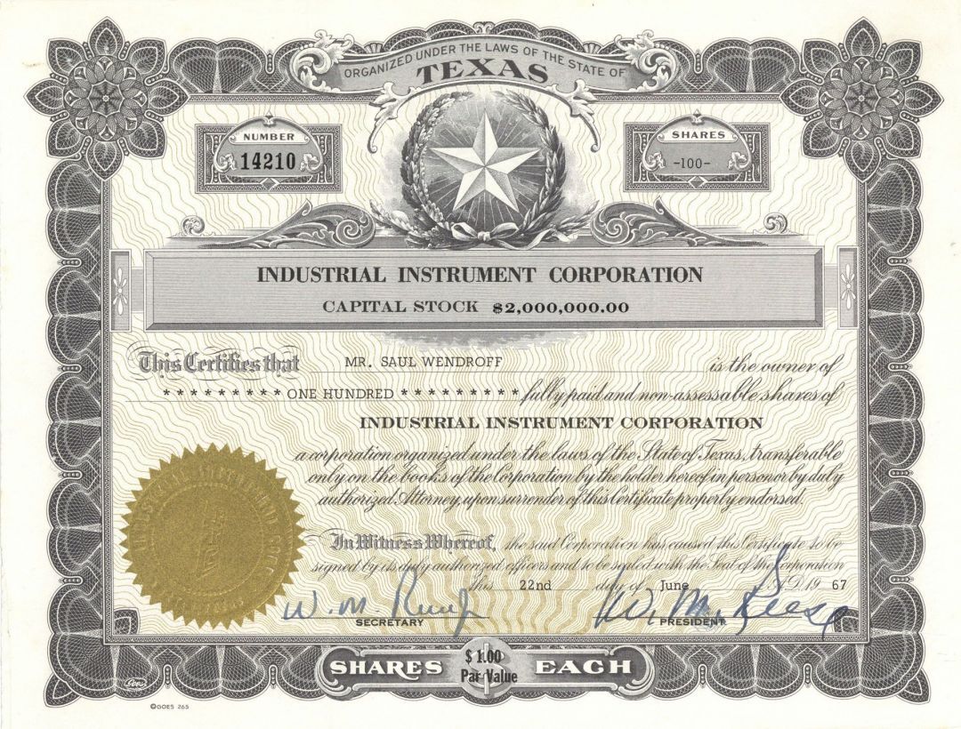 Industrial Instrument Corp. - Austin, Texas Stock Certificate - General ...
