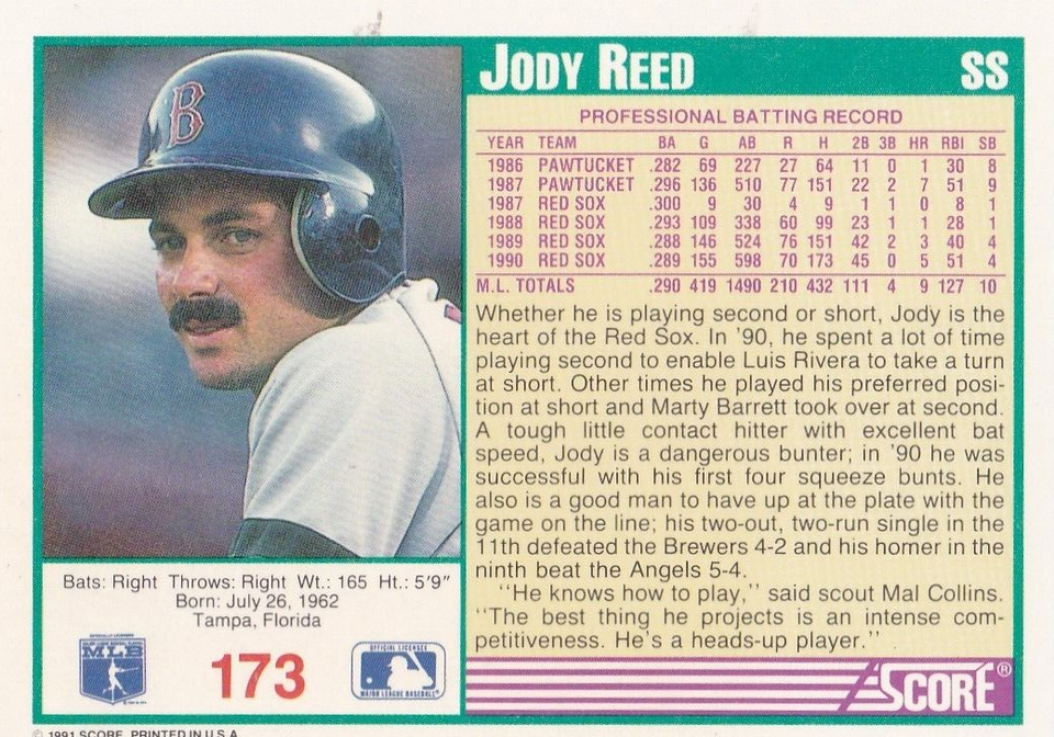 Jody Reed Boston Red Sox Score 173 1991 Baseball Card | eBay