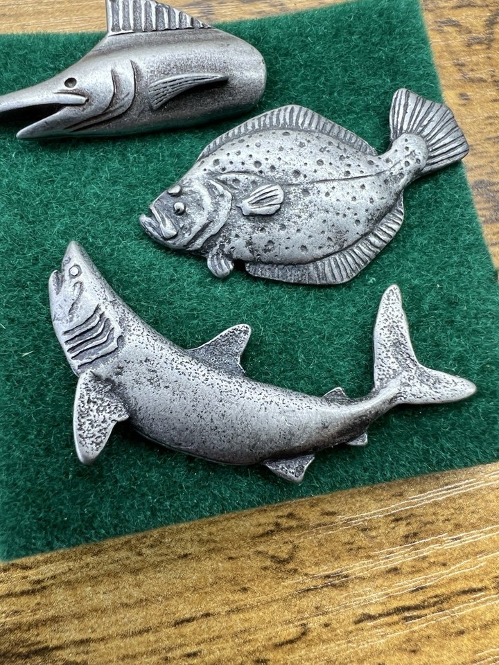 NOS Pewter Fish Pins Lot – Marlin, Flounder & Shark Hat / Jacket Lapel ...