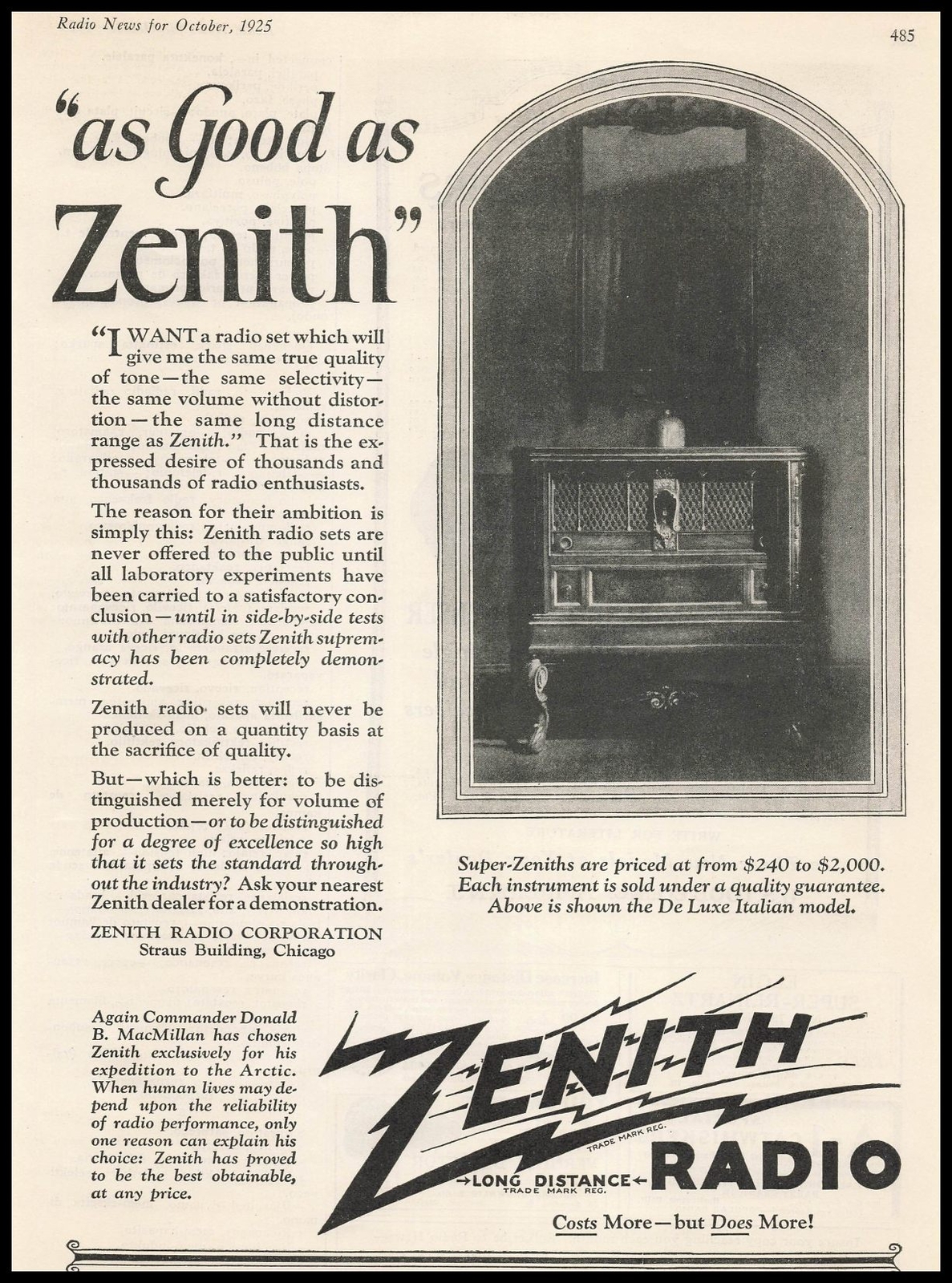 1925 Zenith Radio Chicago Super Zenith De Luxe Italian Model Receiver ...